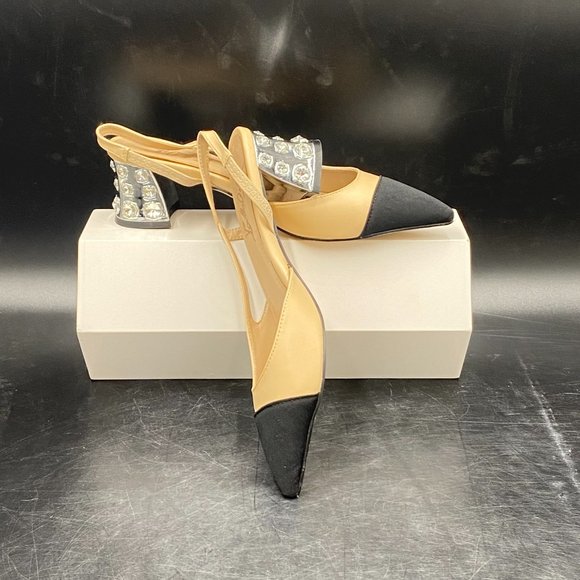 Shoes | Fowt Beige Pointed Toe Pumps Rhinestone Chunky Heel Slingback ...